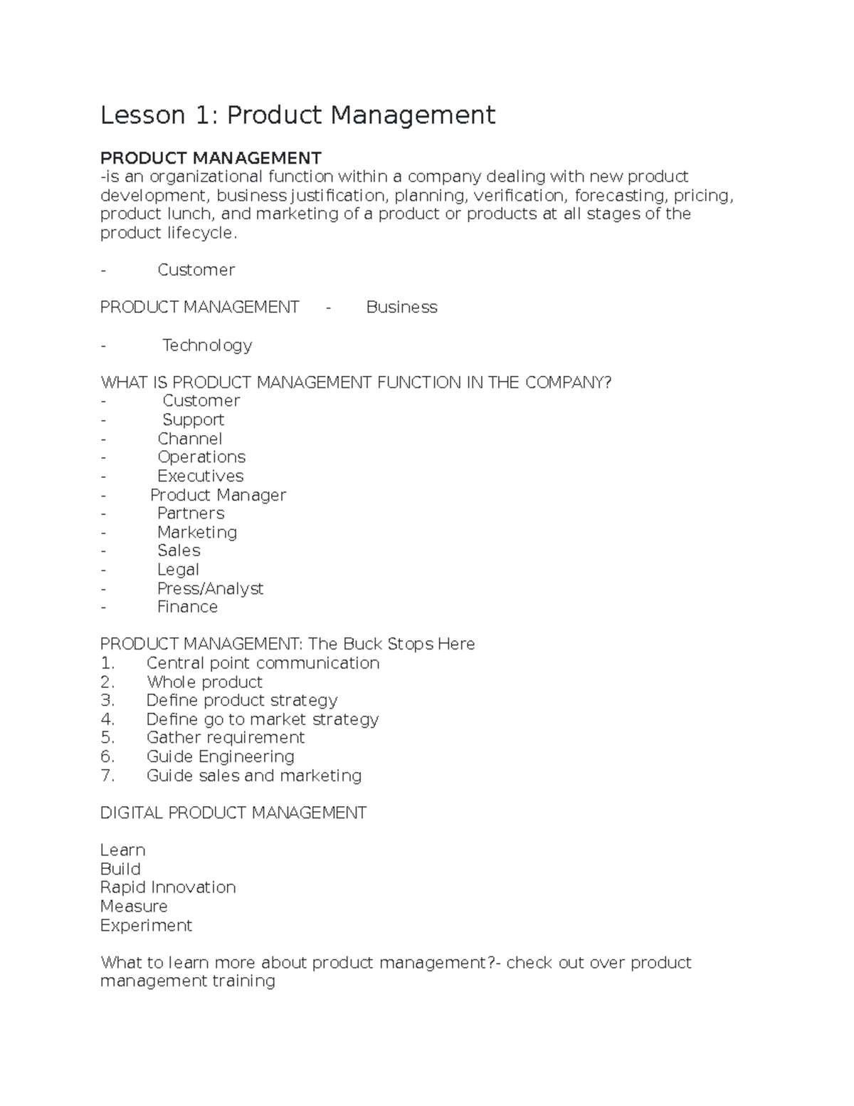 Lesson 1 - Lecture notes 1 - Lesson 1: Product Management PRODUCT ...