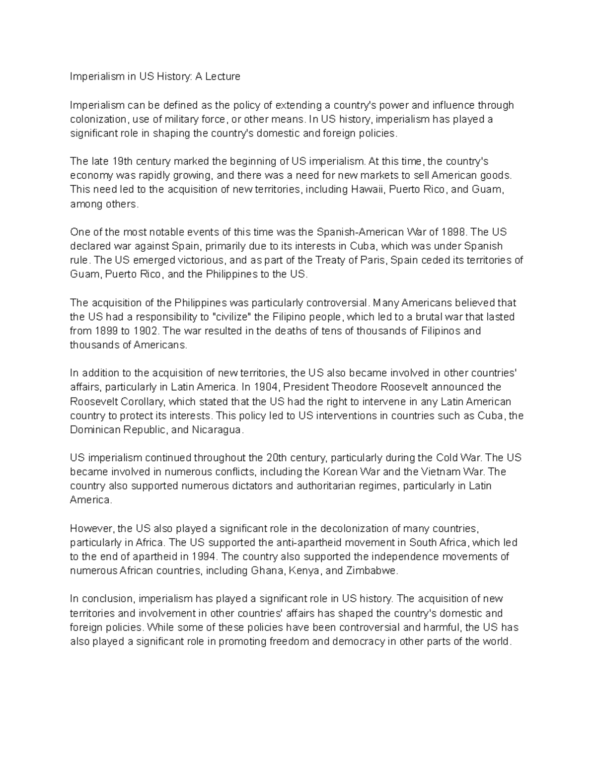 Imperialism in US History A Lecture - Imperialism in US History: A ...