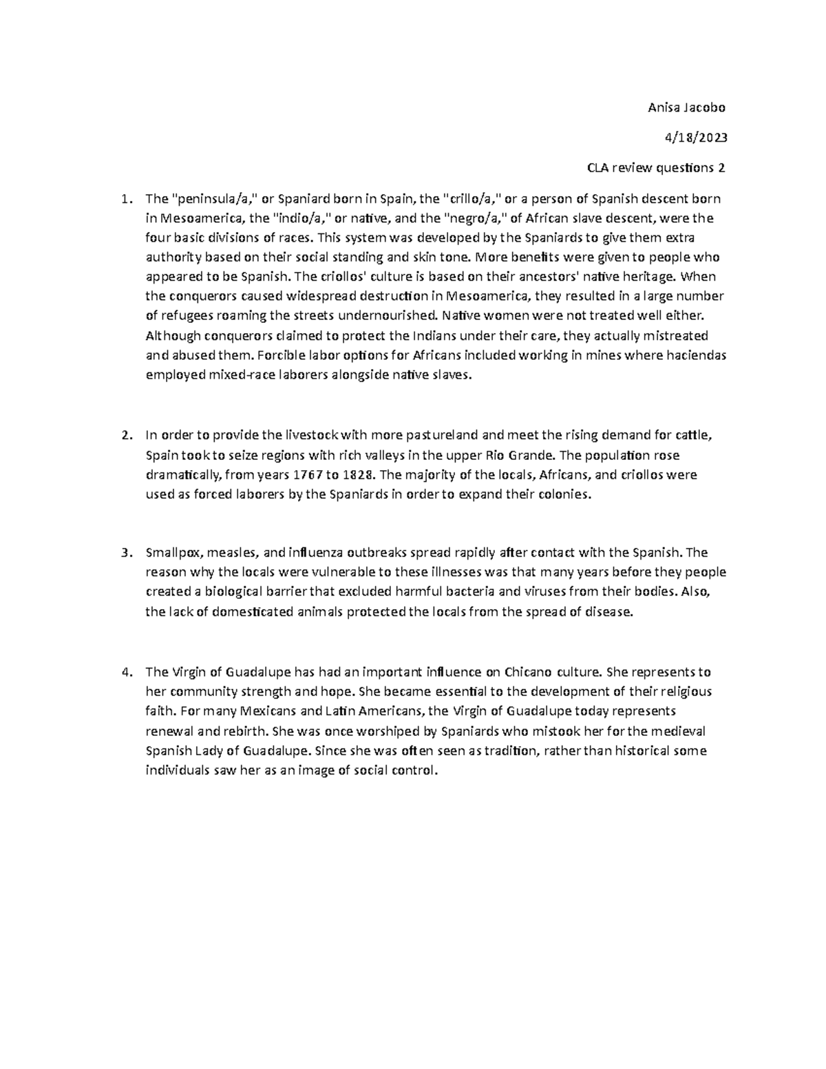 CLA review questions week 3 - Anisa Jacobo 4/18/ CLA review questions 2 ...