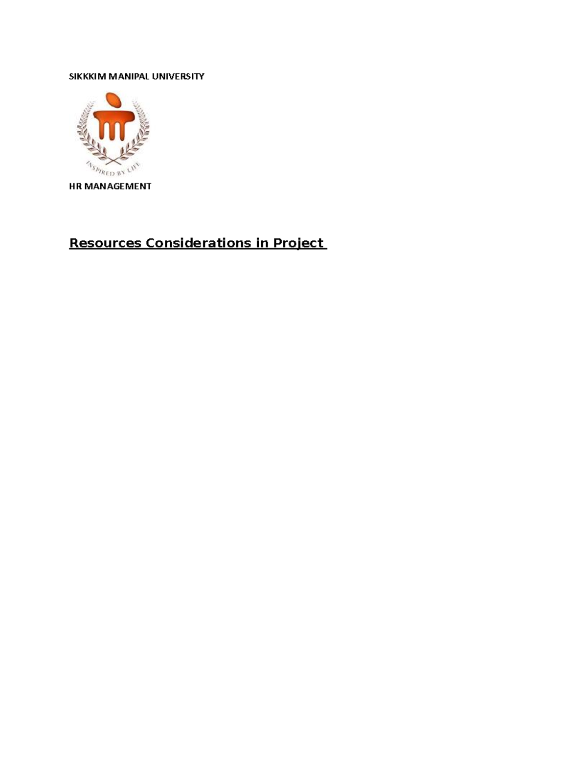 Resources Considerations in Project pdf - SIKKKIM MANIPAL UNIVERSITY HR MANAGEMENT Resources ...