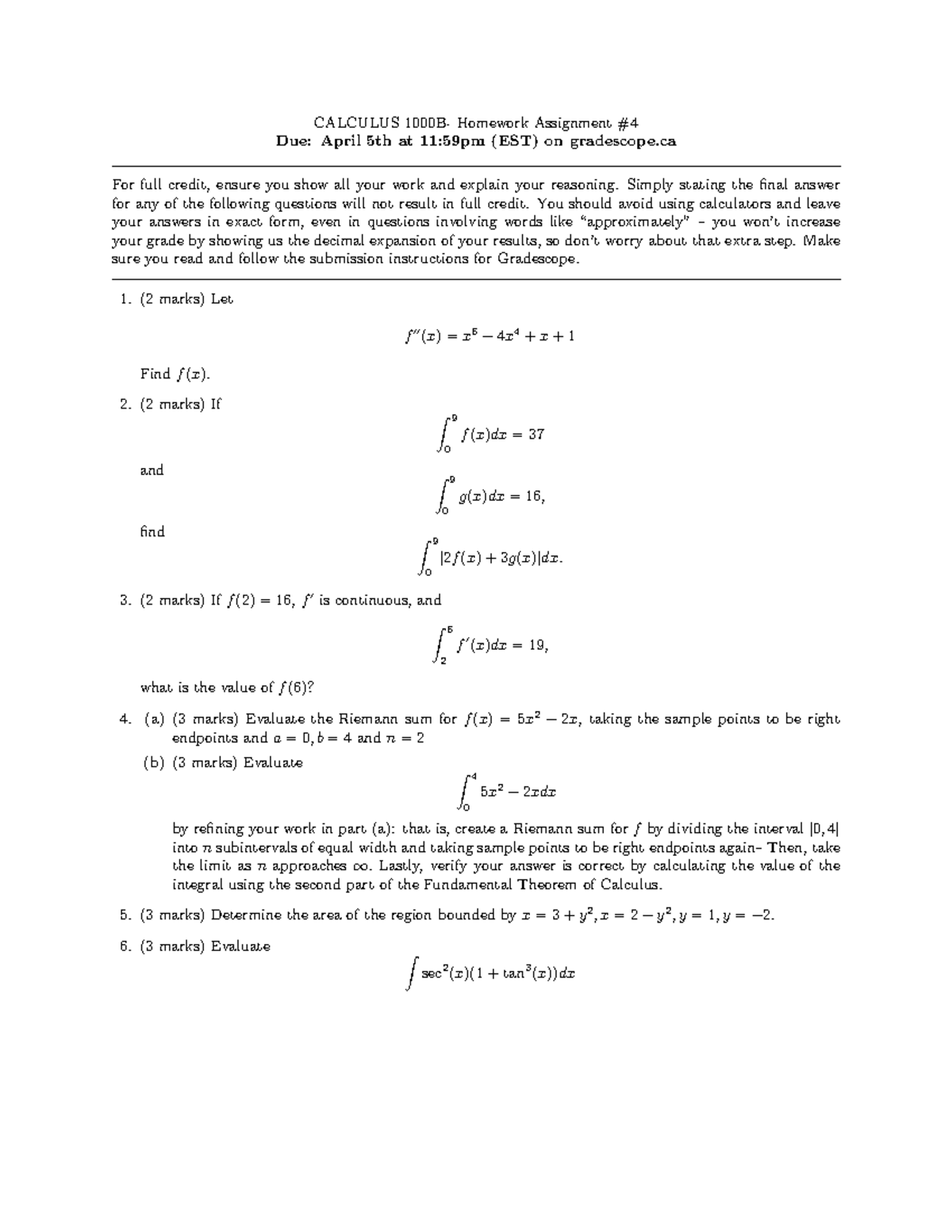 Calc1000BA4-2 - assignment for calc - CALCULUS 1000B- Homework Assignment # Due: April 5th at ...