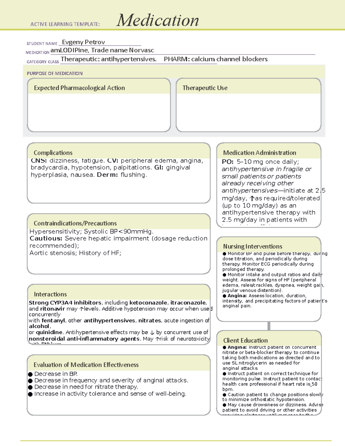 Am Lodipine - active learning template - STUDENT NAME