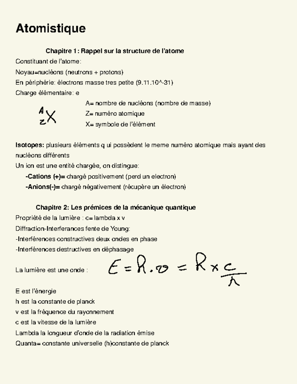 Atomistique L1 Chimie - Atomistique Chapitre 1: Rappel sur la structure de l’atome Constituant ...