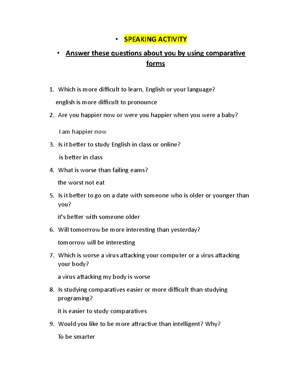 Speaking Activity - evaluación para finales del ciclo, ejercicios ...