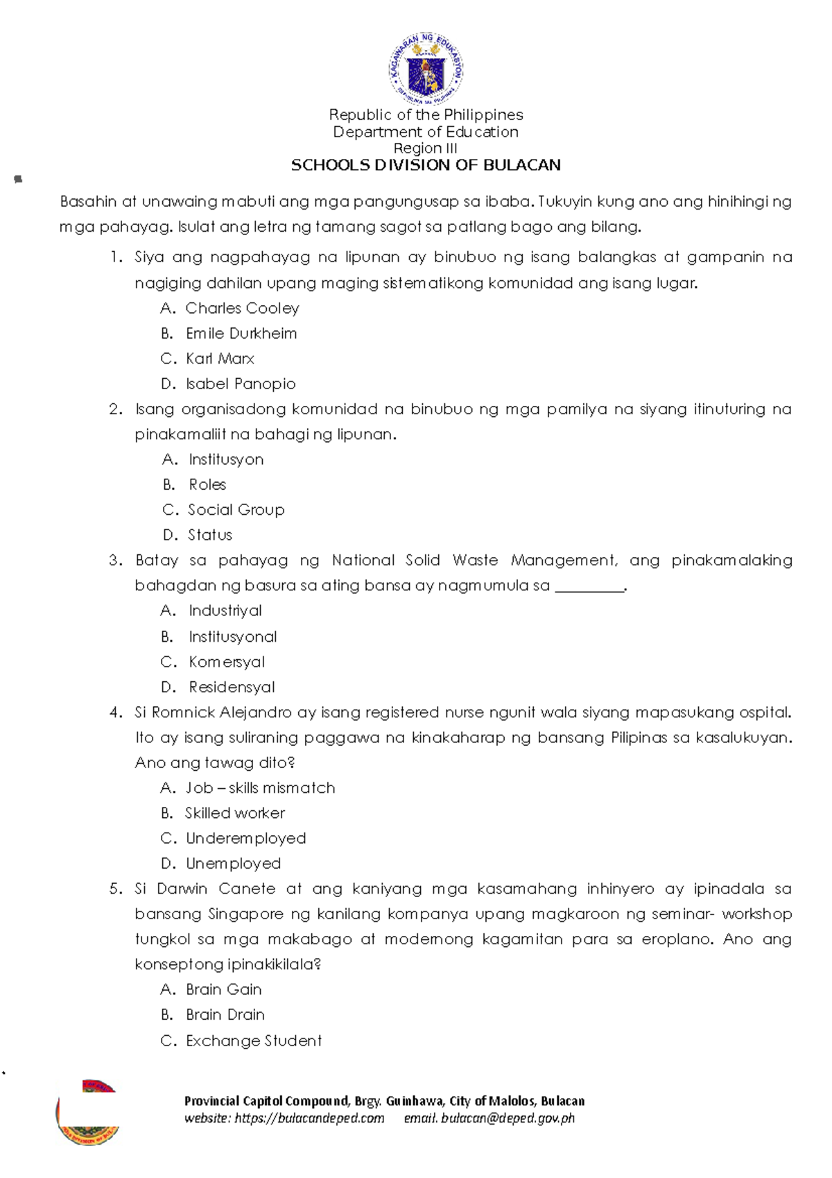 Grade 10 Exit Assessment - Department of Education Region III SCHOOLS ...