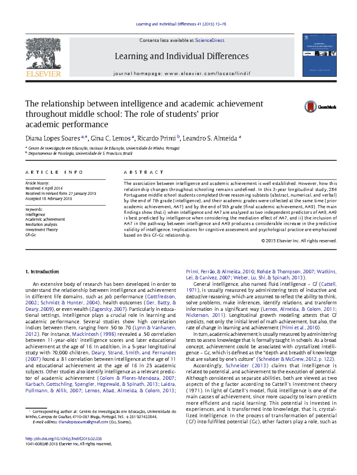 Soares et al 2015 intelligence and academic achievement - The ...