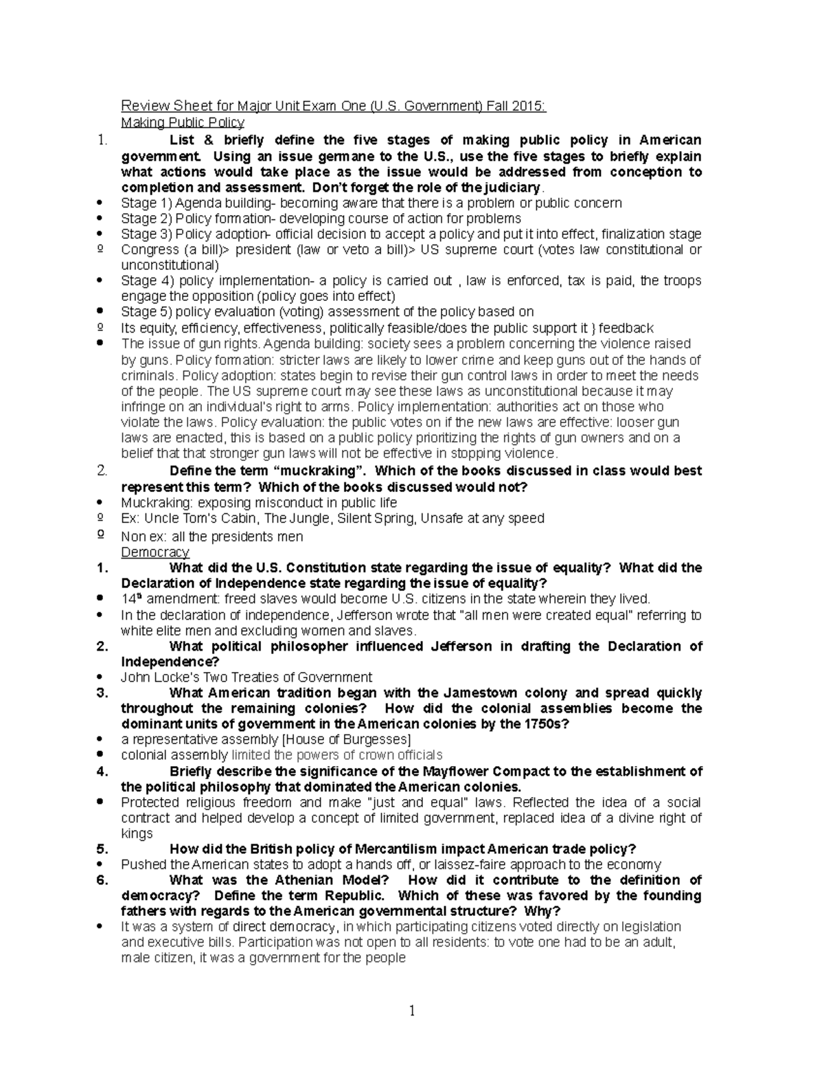 Unit1review - Lecture notes 1 - Review Sheet for Major Unit Exam One (U ...