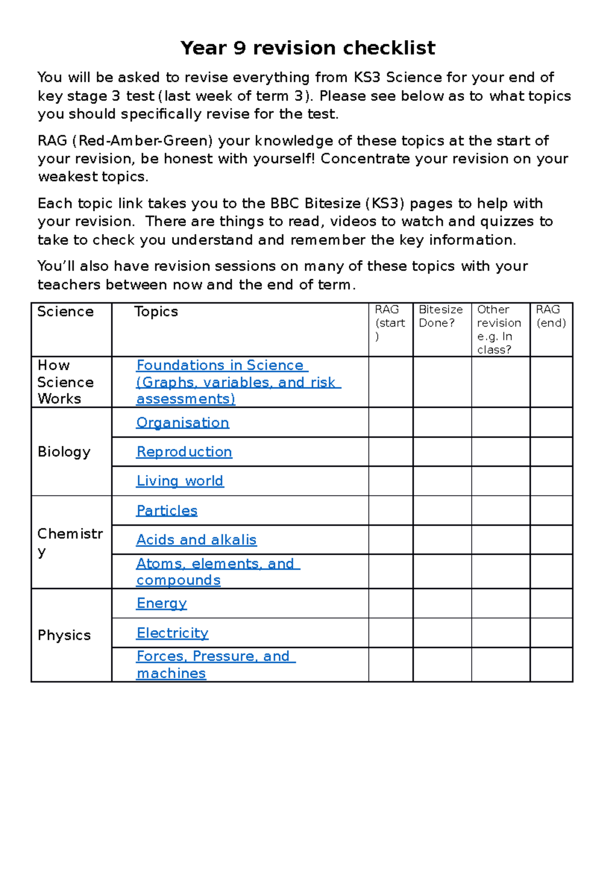 Year 9 revision checklist 2022-23 - Year 9 revision checklist You will ...