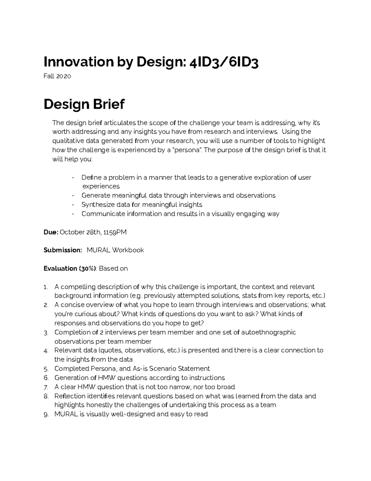 Design Brief Innovation by Design HTH SCI 4ID3 6ID3 - Fall 2020 ...
