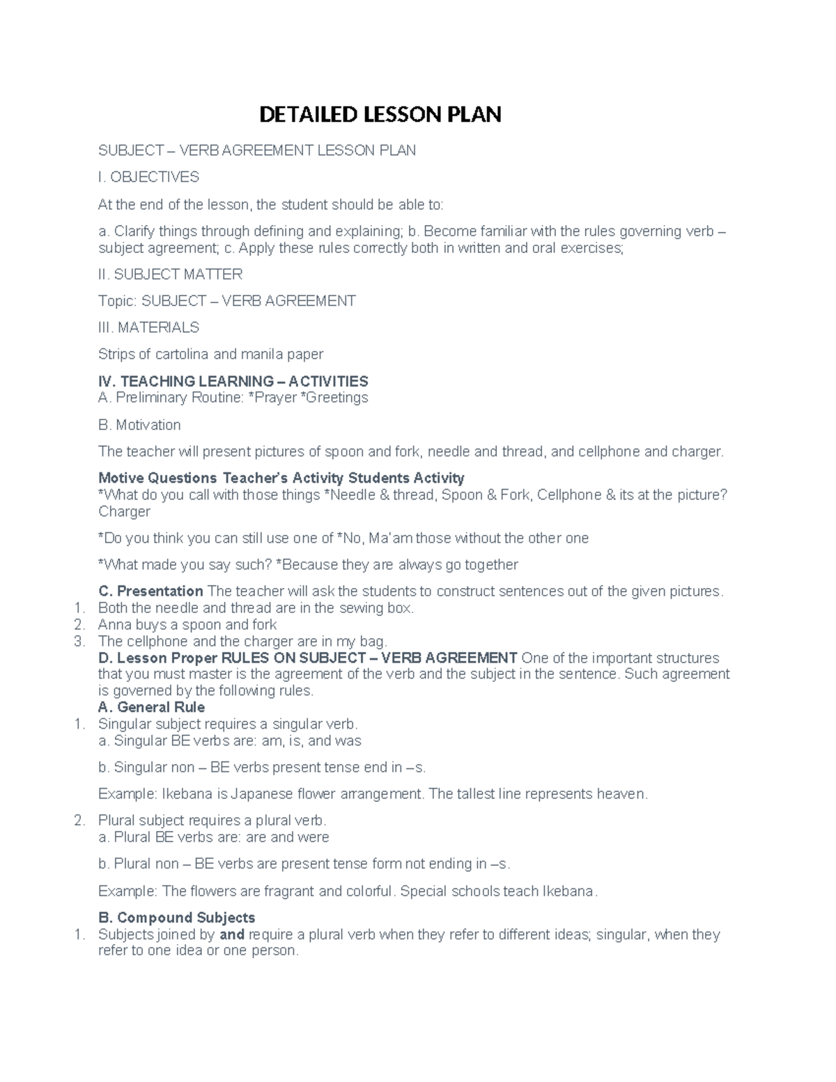 Detailed Lesson PLAN - it is - DETAILED LESSON PLAN SUBJECT – VERB ...