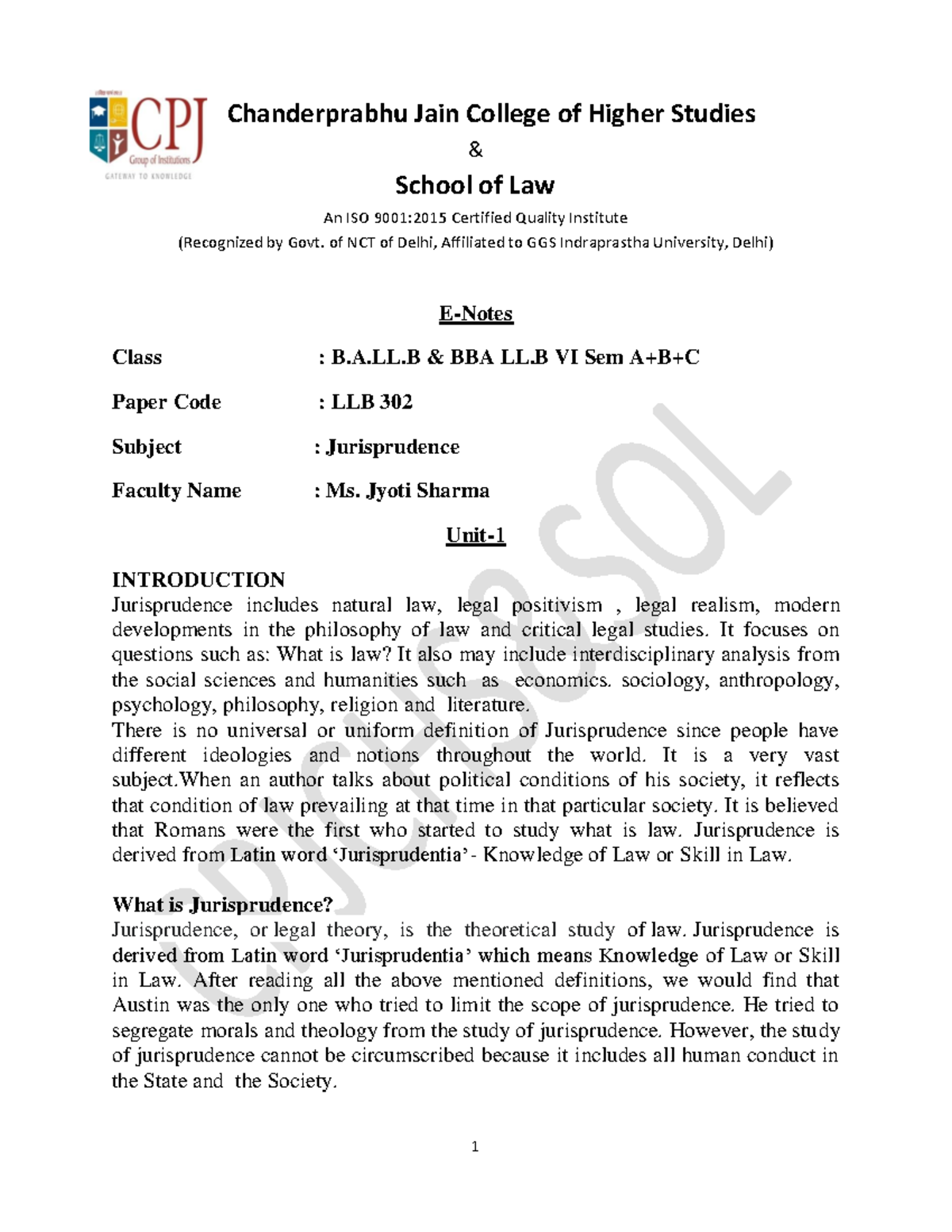 Unit-1 Jurisprudence E-Notes LLB302 - & School of Law An ISO 9001:2015 ...