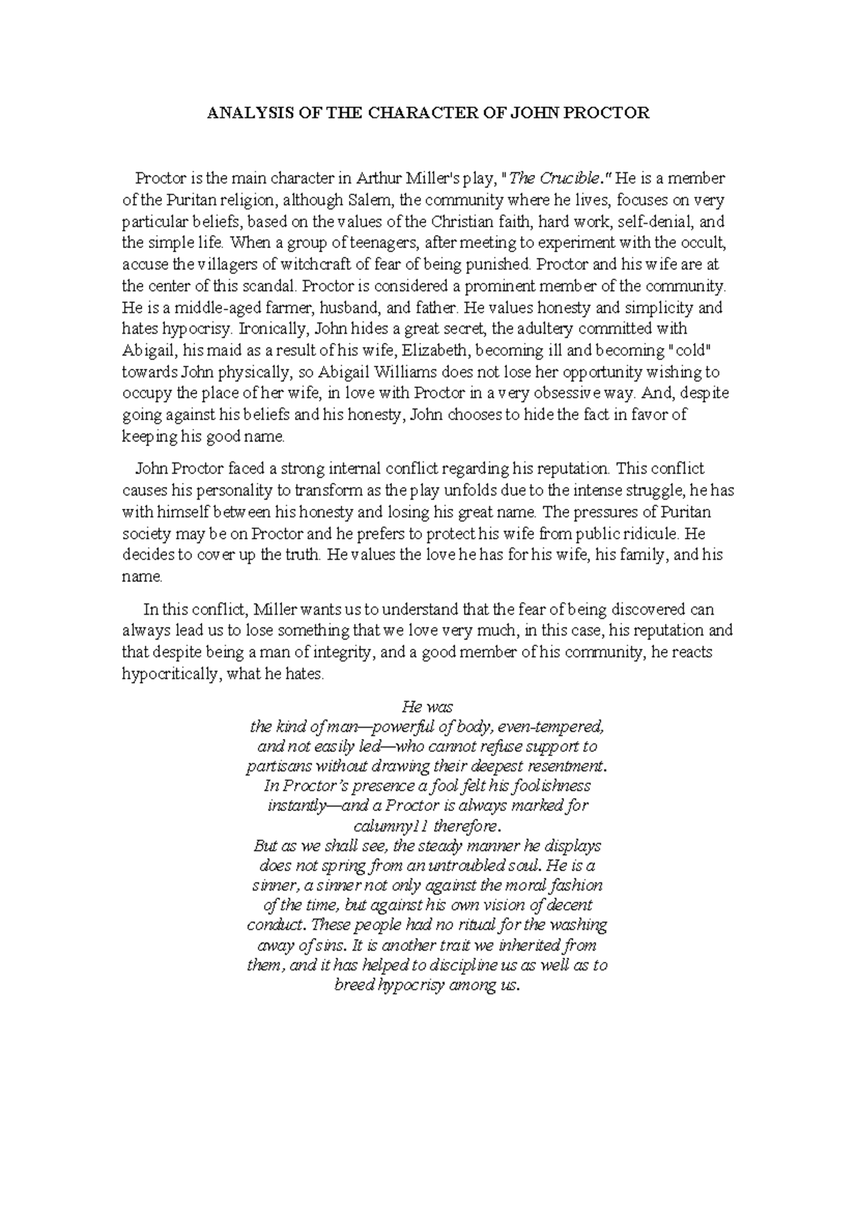 Analysis ON THE Character OF JOHN Proctor - ANALYSIS OF THE CHARACTER ...