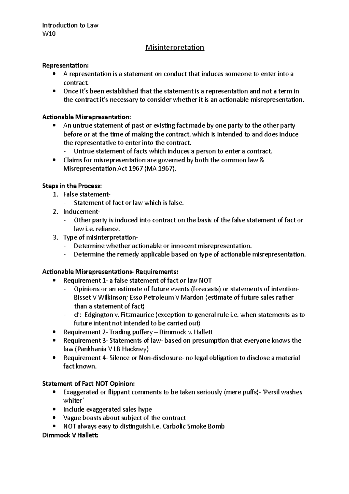 Introduction to Law - W Misinterpretation Representation: A ...