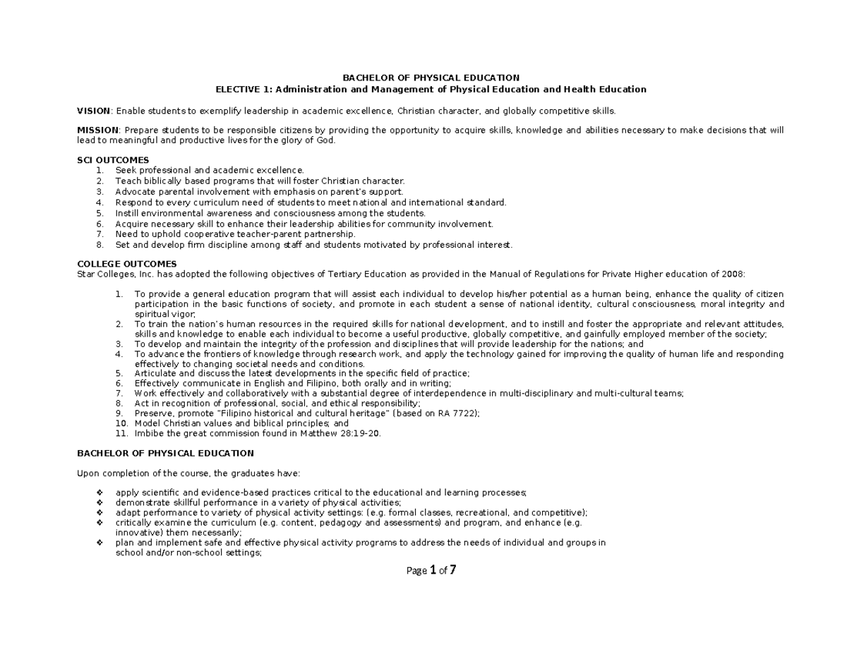 Elective 1 - Administration AND Management OF PE AND HE - BACHELOR OF PHYSICAL EDUCATION ...