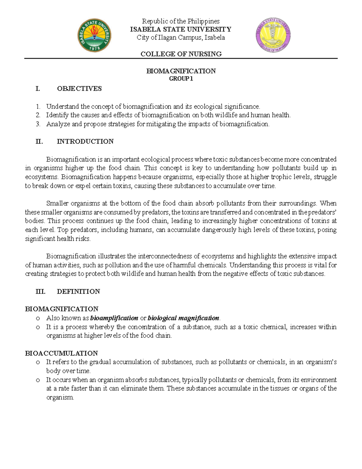 Biomagnification (1) - Yes - Republic of the Philippines ISABELA STATE UNIVERSITY City of Ilagan ...