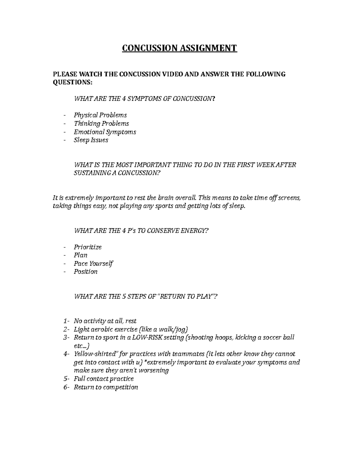Concussion Assignment F20 - CONCUSSION ASSIGNMENT PLEASE WATCH THE ...