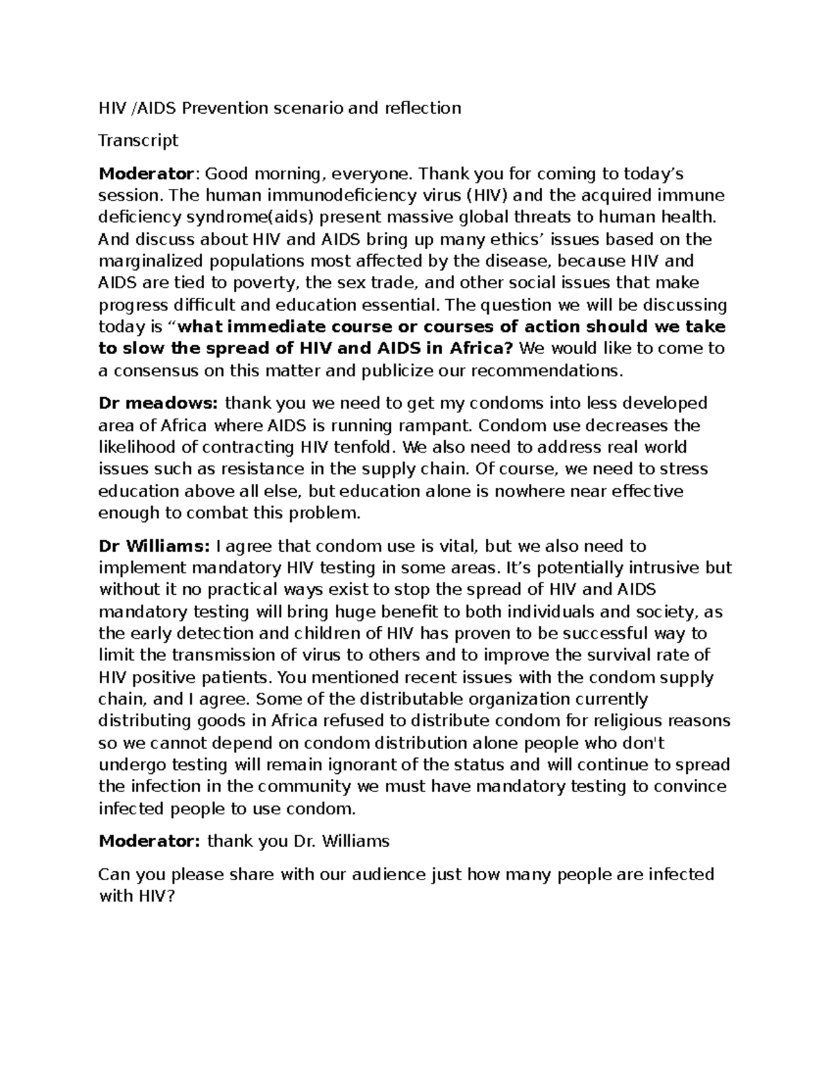 HIV AIDS Reflection Transcript - HIV /AIDS Prevention scenario and reflection Transcript ...