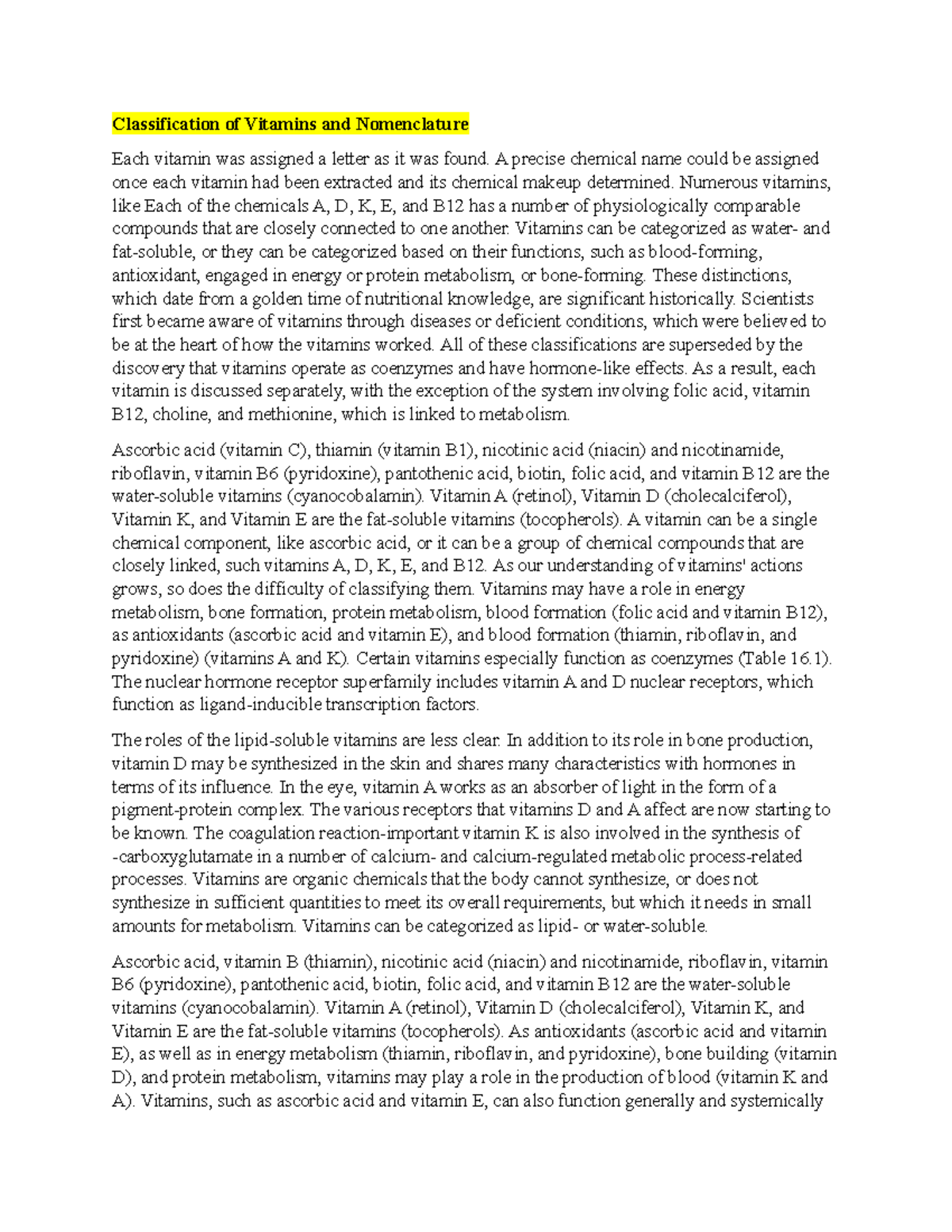 Classification of Vitamins and Nomenclature - A precise chemical name ...