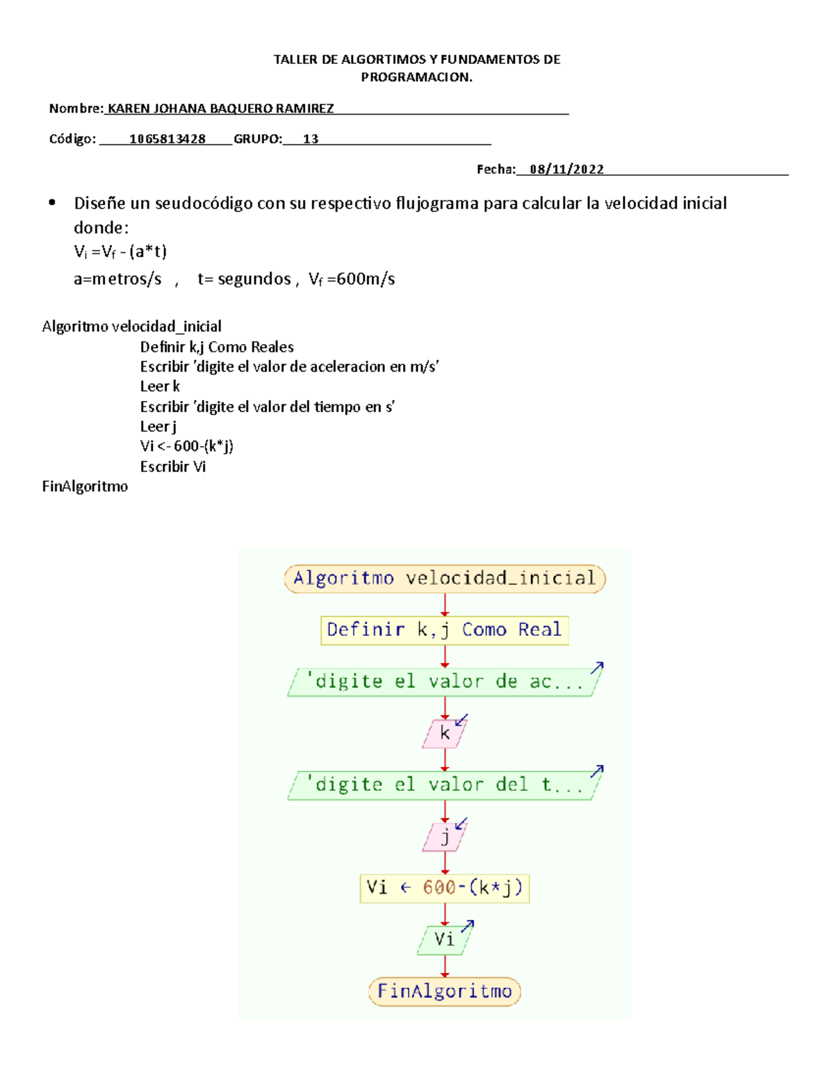 Taller Algoritmo Karen Baquero - TALLER DE ALGORTIMOS Y FUNDAMENTOS DE ...