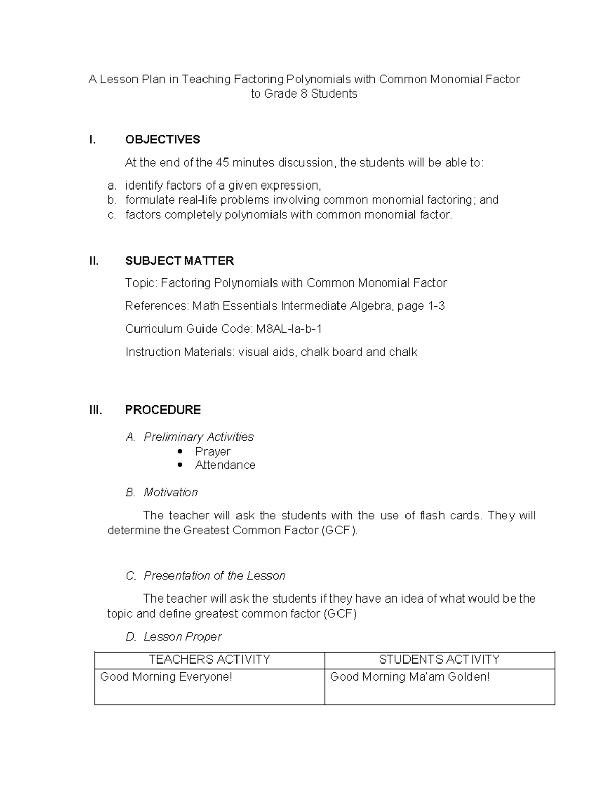 mathematics 8- A Lesson Plan in Teaching Factoring Polynomials with ...