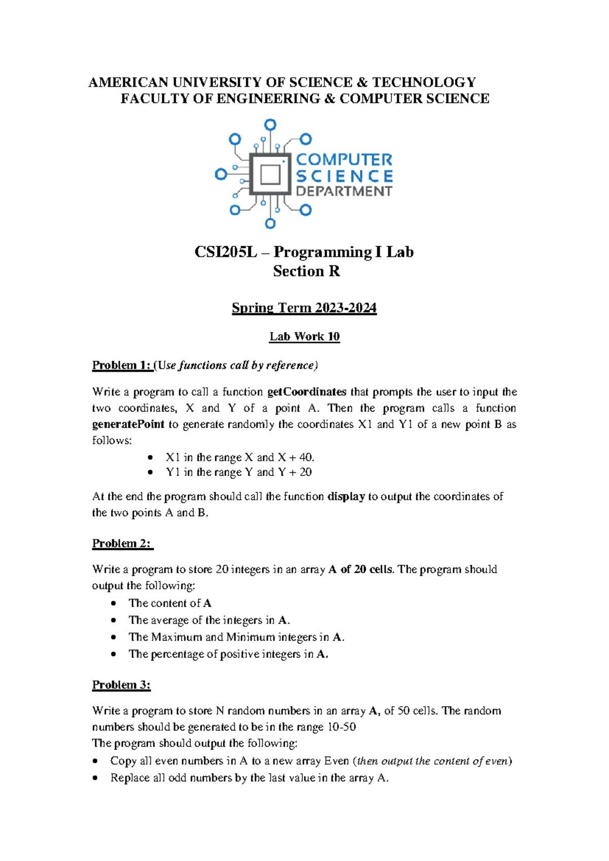 CSI205L Lab 10 Modified - AMERICAN UNIVERSITY OF SCIENCE & TECHNOLOGY ...