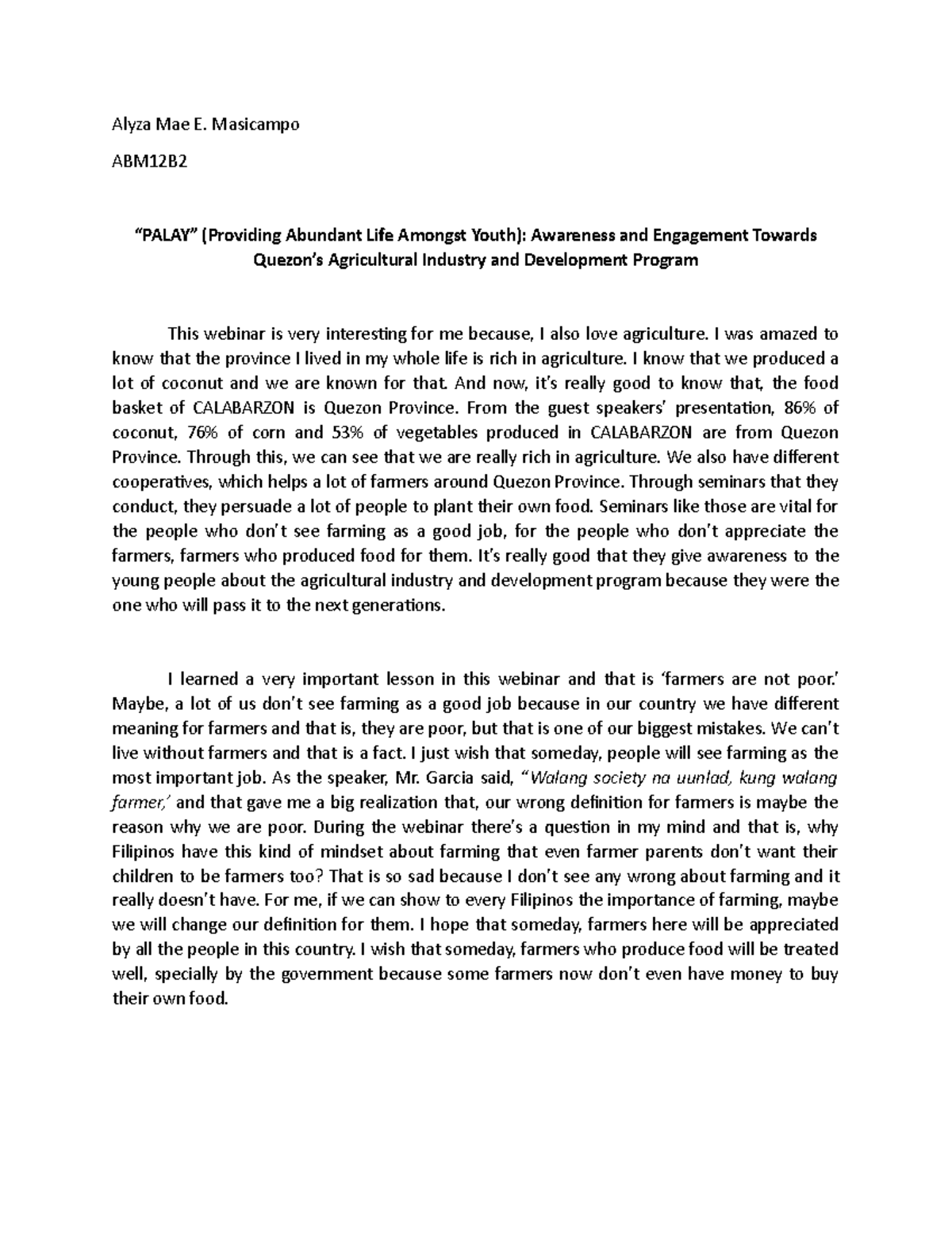 ' Palay' evaluative essay- Masicampo - Alyza Mae E. Masicampo ABM12B ...