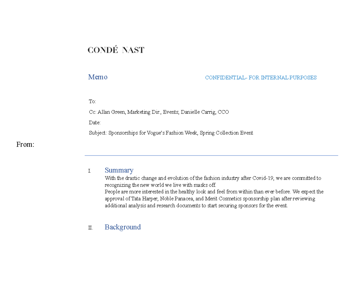 Securing Sponsors - Memo To: Cc: Allan Green, Marketing Dir., Events ...