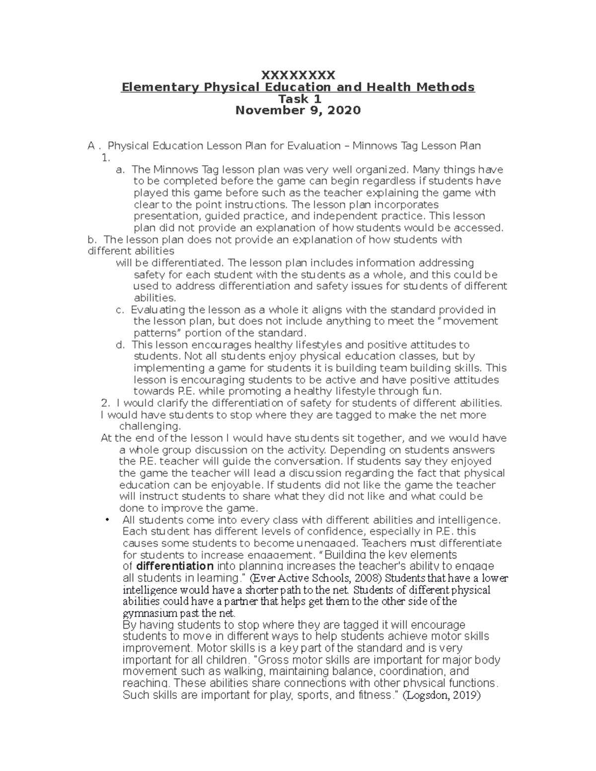 Elementary Physical Ed. and Health Part A - XXXXXXXX Elementary ...