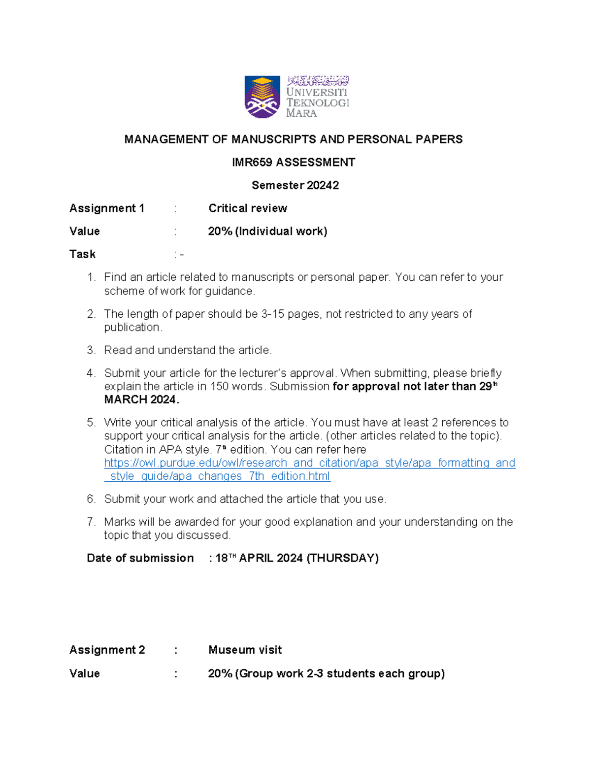 Assignment Guideline - MANAGEMENT OF MANUSCRIPTS AND PERSONAL PAPERS ...