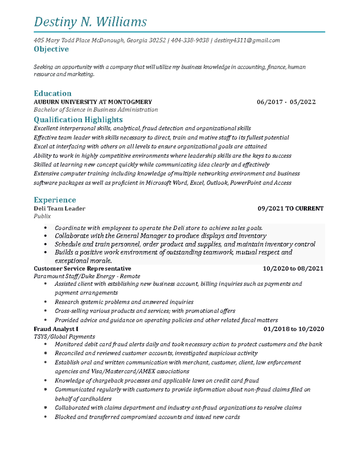 Destiny Williams' Resume (2022) - Destiny N. Williams 405 Mary Todd ...