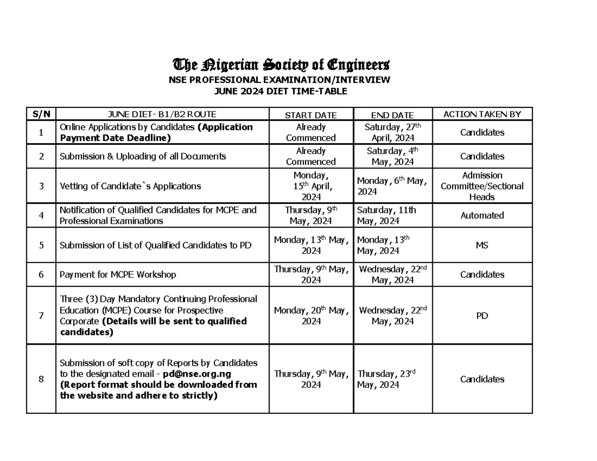 JUNE 2024 DIET Timetable - The Nigerian Society of Engineers NSE ...