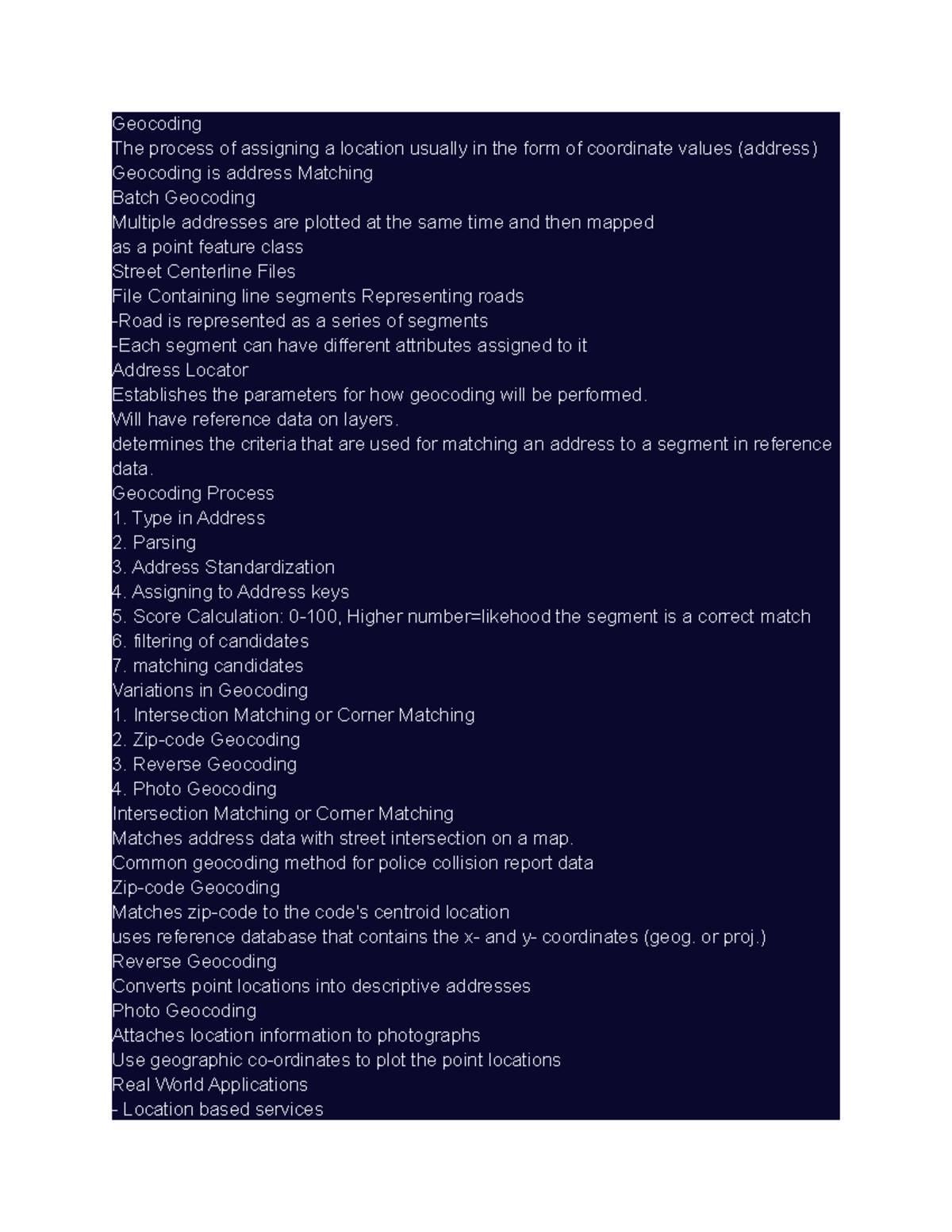 Geocoding - Geocoding The process of assigning a location usually in ...