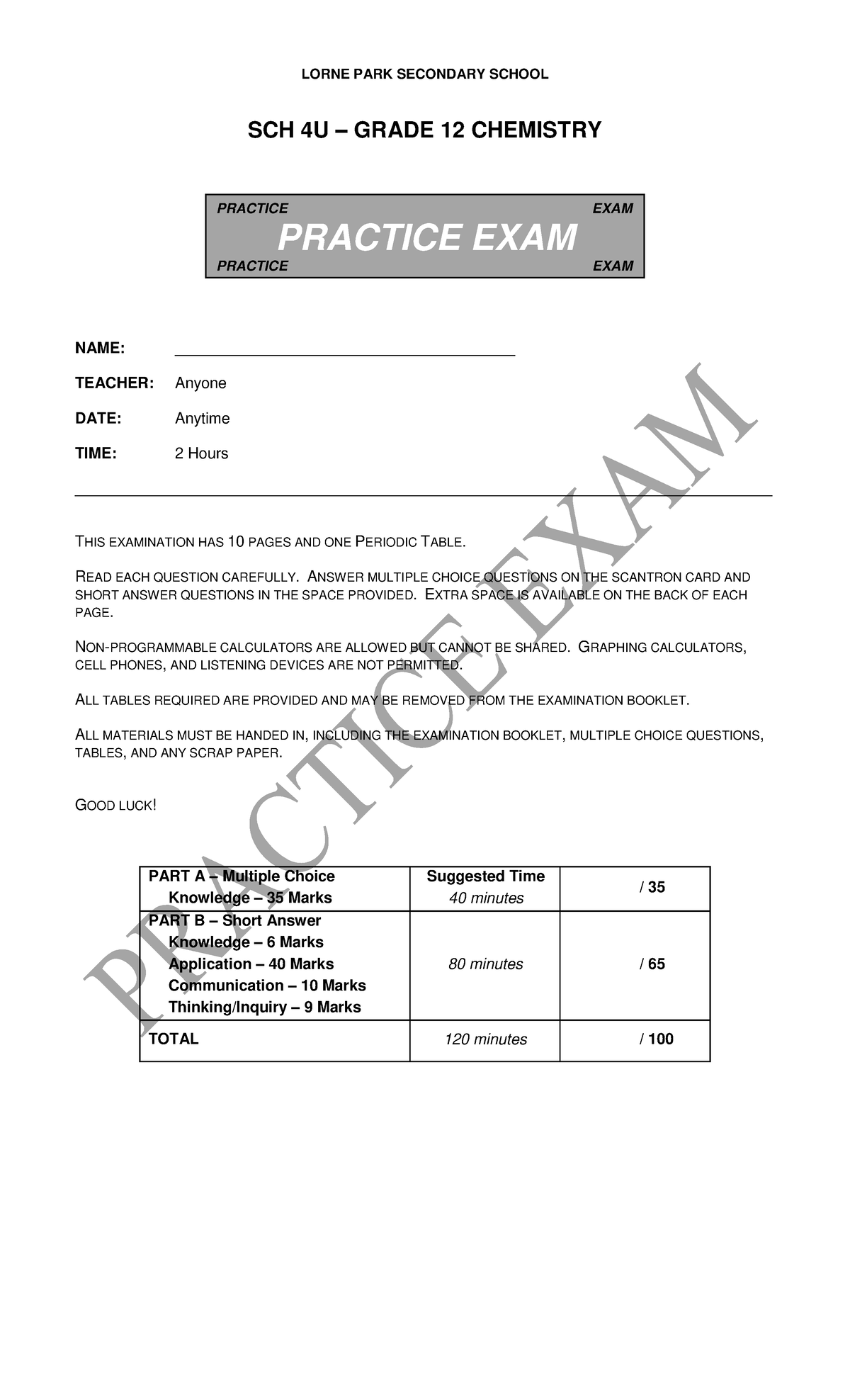 SCH 4U Practice exam - Notes - LORNE PARK SECONDARY SCHOOL SCH 4U ...