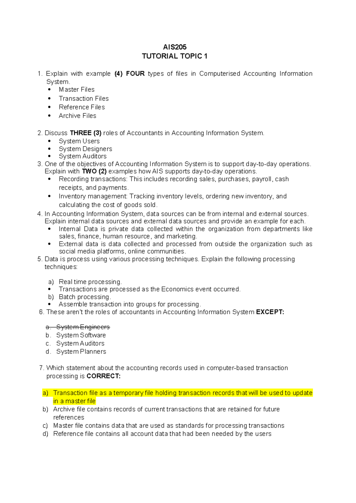 1 Tutorial 1 ais 206 - AIS TUTORIAL TOPIC 1 1. Explain with example (4 ...