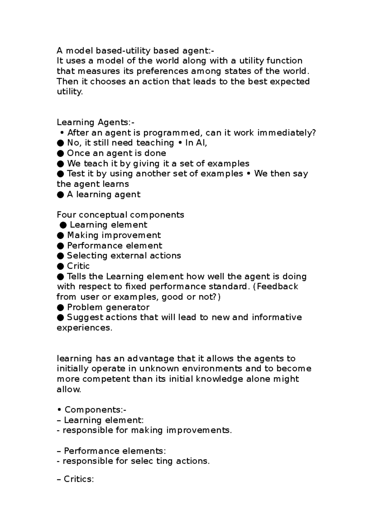 Ai1 - all about model based utility based agents and brief about learning agents - A model - Studocu