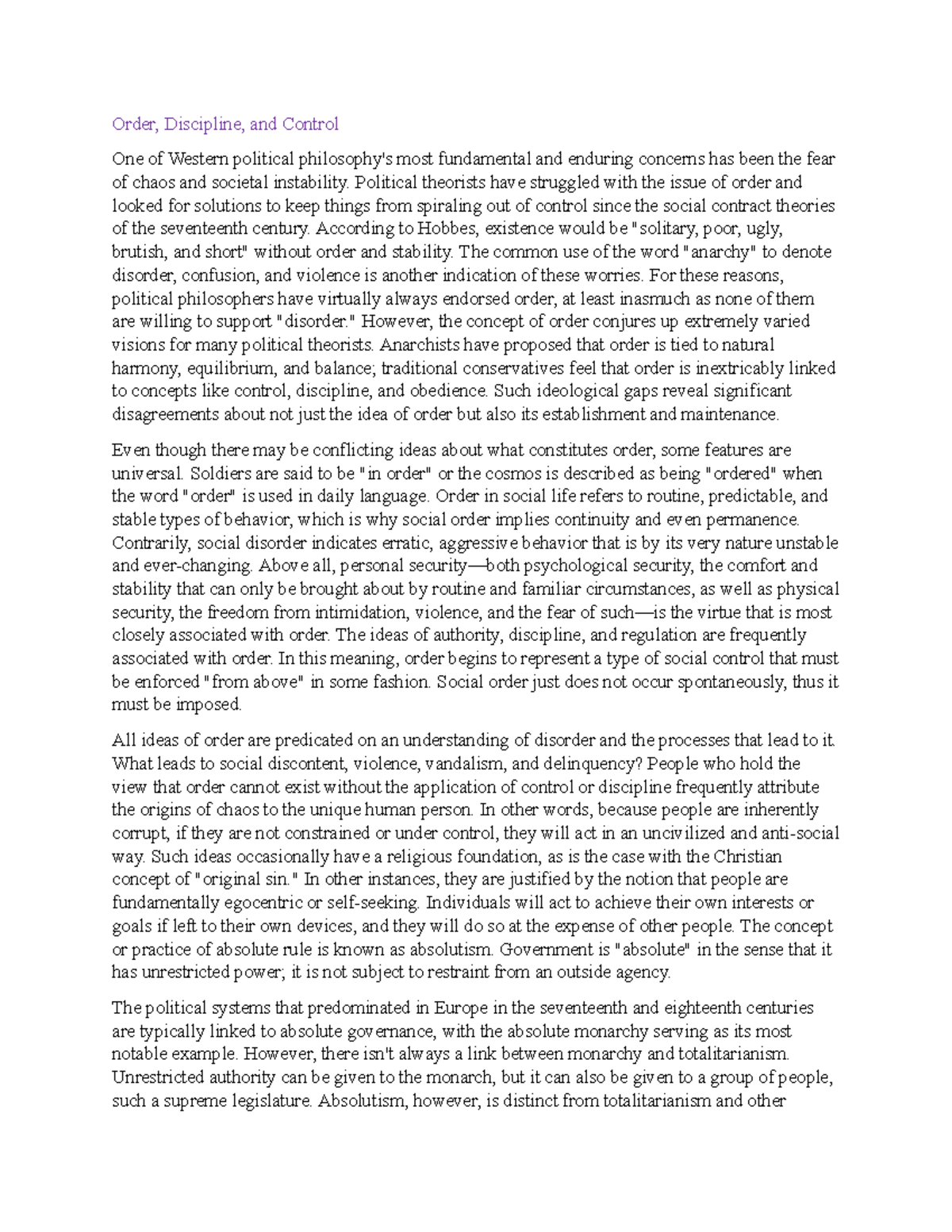 Order, Discipline, and Control - Political theorists have struggled ...