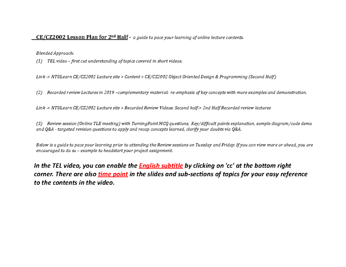 Teaching plan - second half - CZ2002 - NTU - Studocu