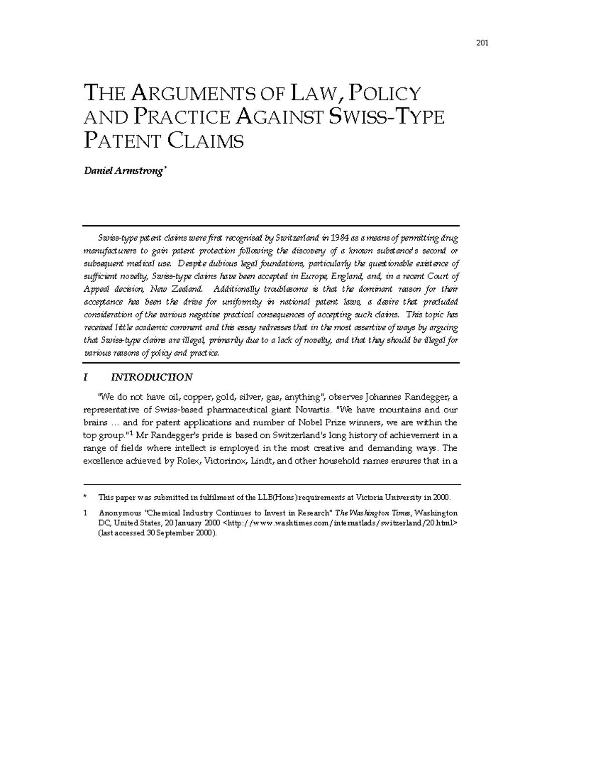 THE ARGUMENTS OF LAW, POLICY AND PRACTICE AGAINST SWISS-TYPE PATENT ...