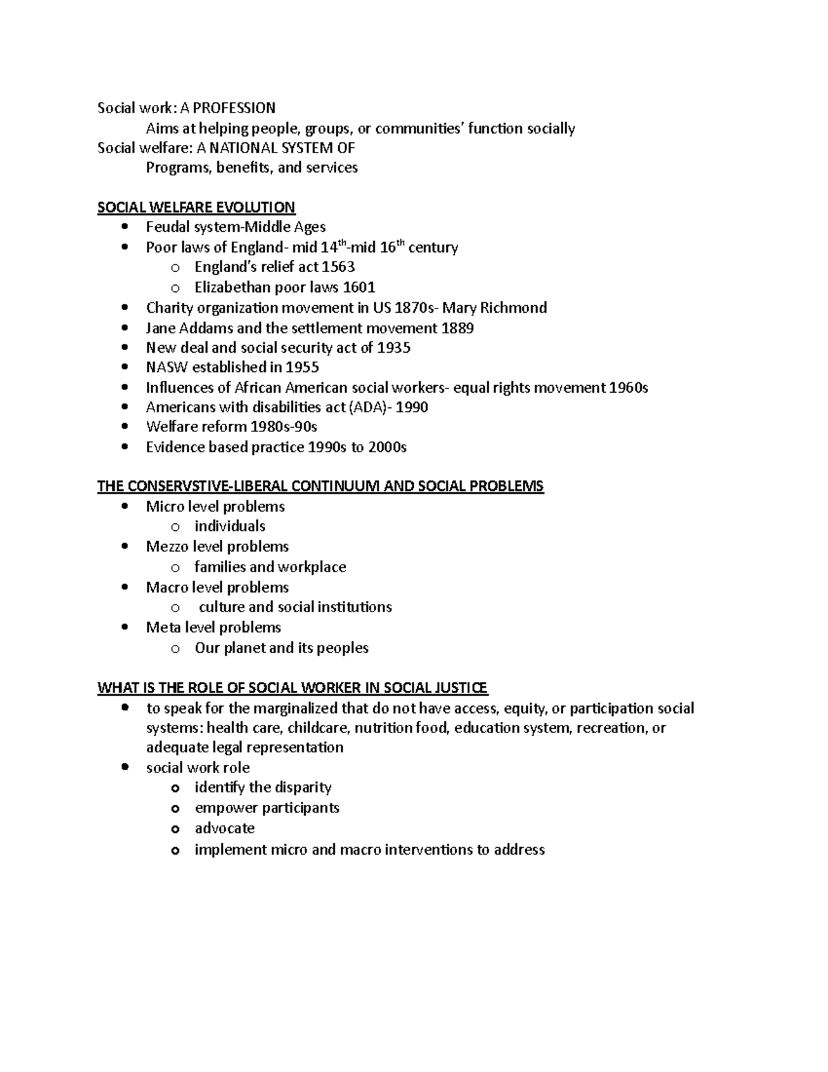Social Welfare Notes topics 1-3 - Social work: A PROFESSION Aims at ...