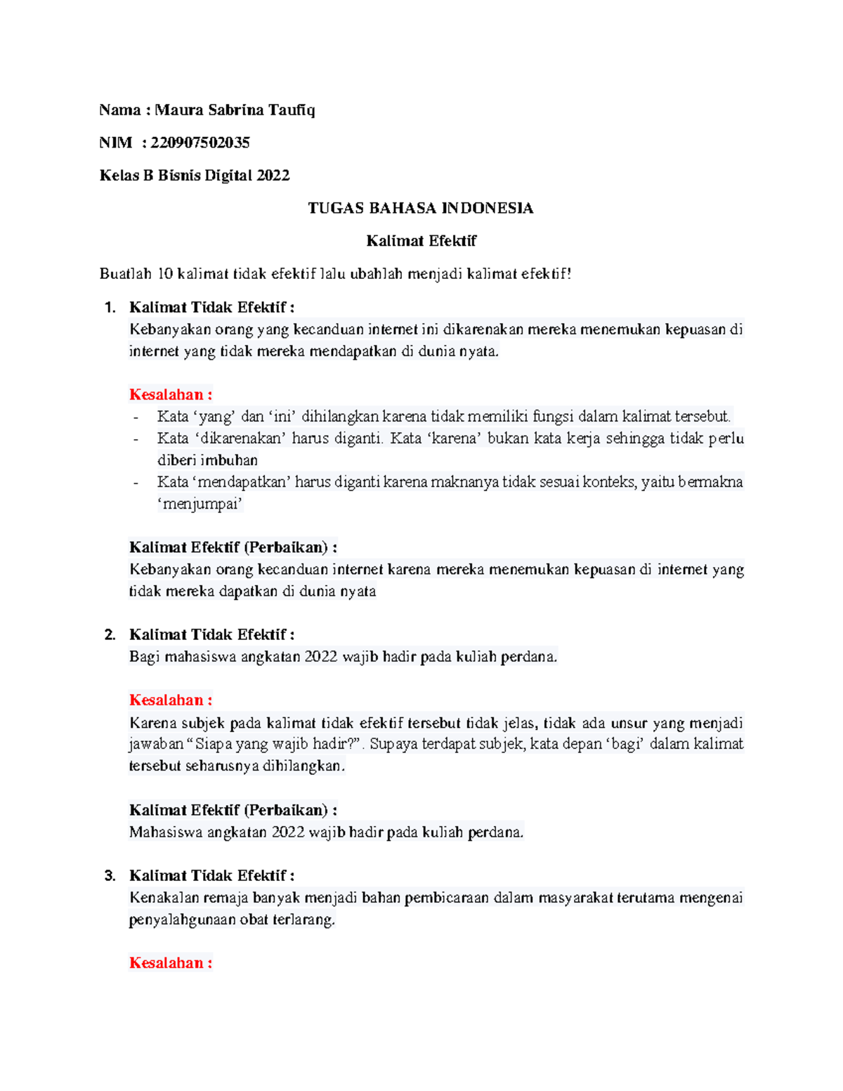 Kalimat Efektif - Maura Sabrina Taufiq - 220907502035 - Nama : Maura ...