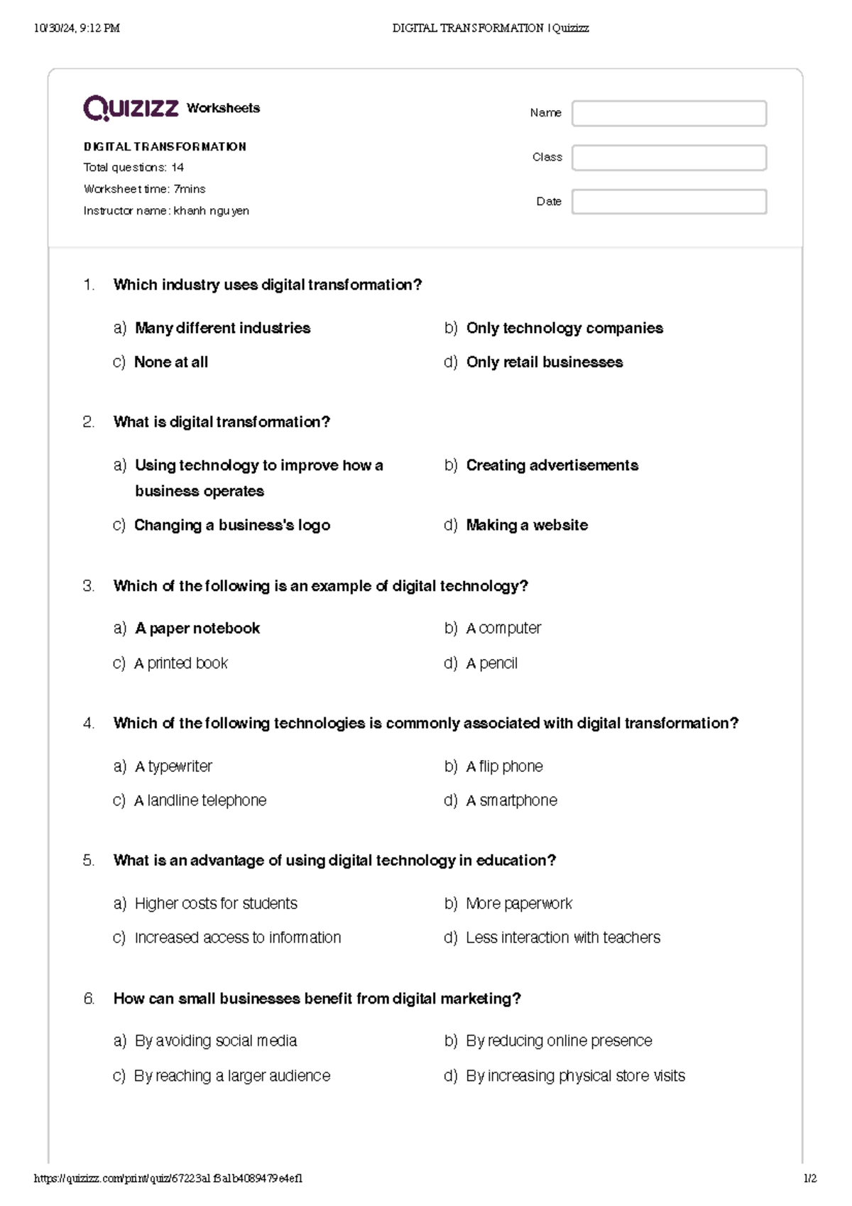 Digital Transformation Quizizz - Worksheets DIGITAL TRANSFORMATION ...
