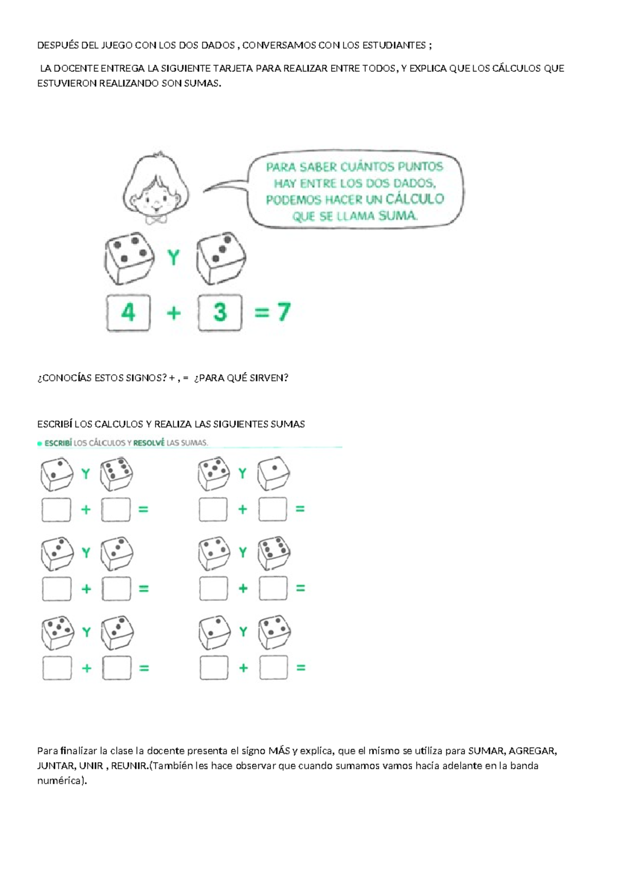 Matematica anexo juegos suma - DESPUÉS DEL JUEGO CON LOS DOS DADOS ...