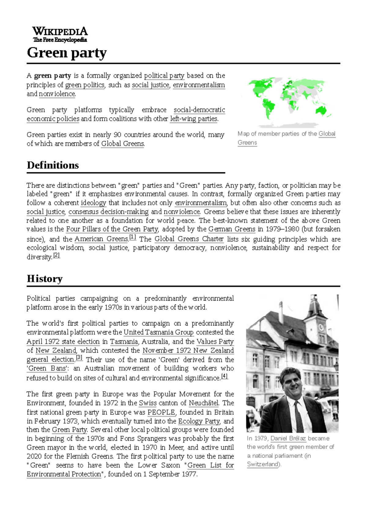 Green party - Map of member parties of the Global Greens In 1979 ...