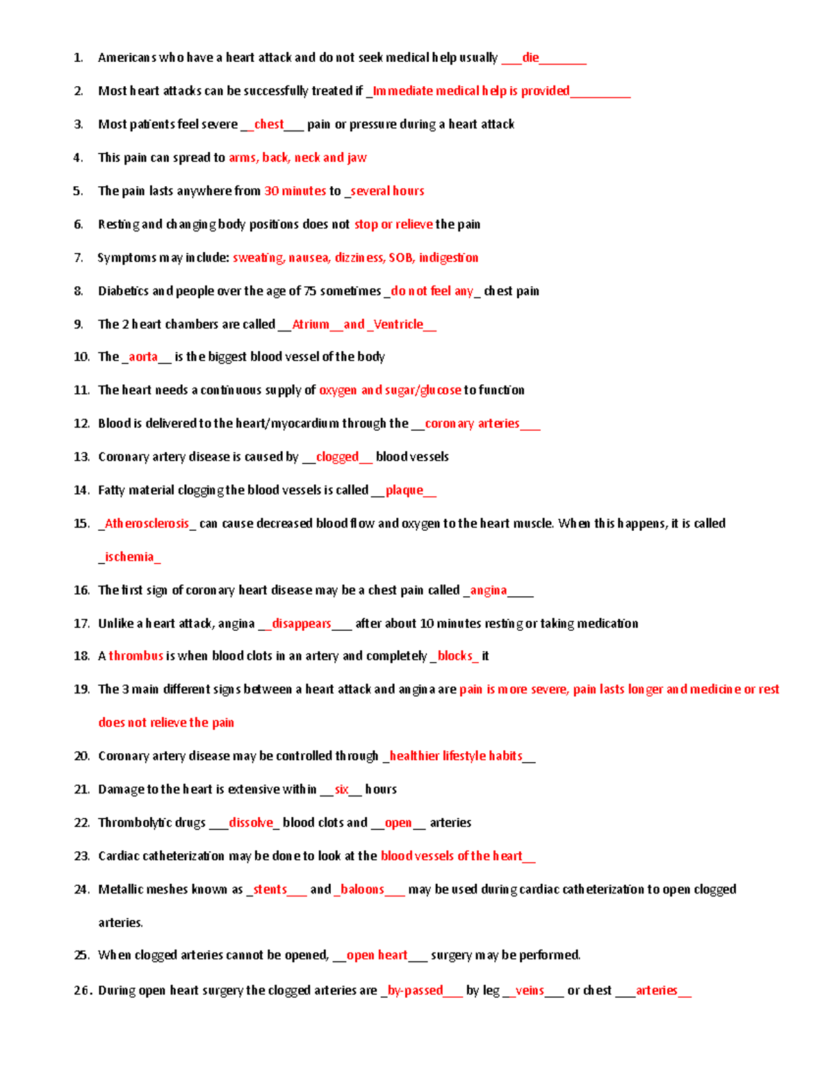The Heart Worksheet with answers - Americans who have a heart attack ...