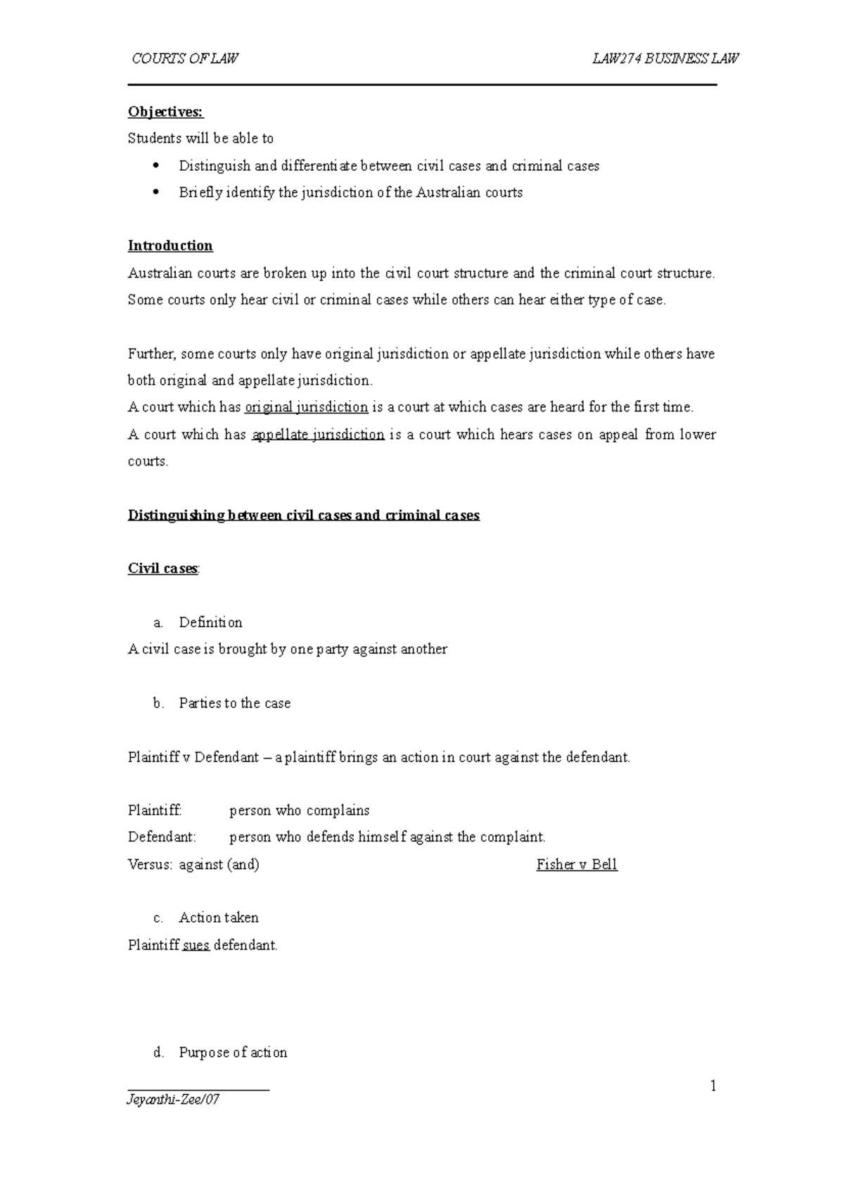 Law274,3 Courts of Law - Objectives: Students will be able to ...