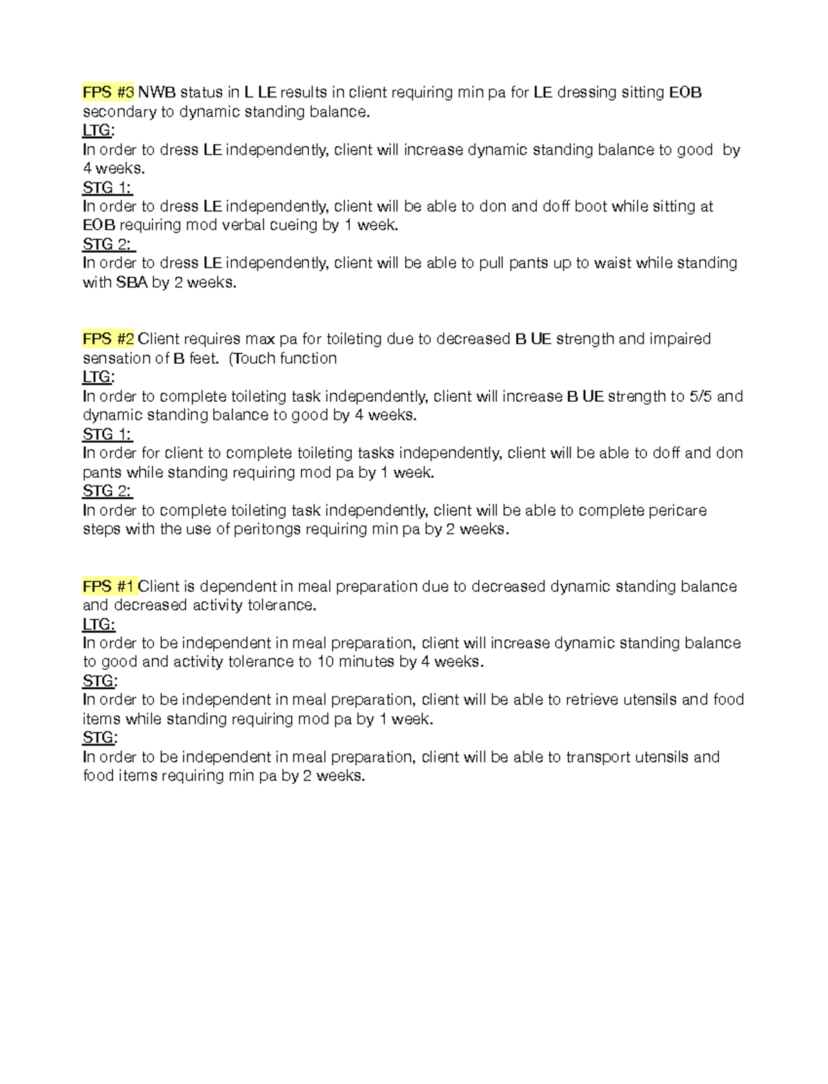 Example of goals - FPS #3 NWB status in L LE results in client ...