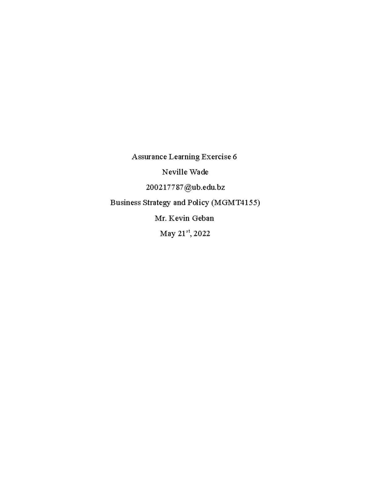 Assurance Learning Exercise - edu Business Strategy and Policy ...