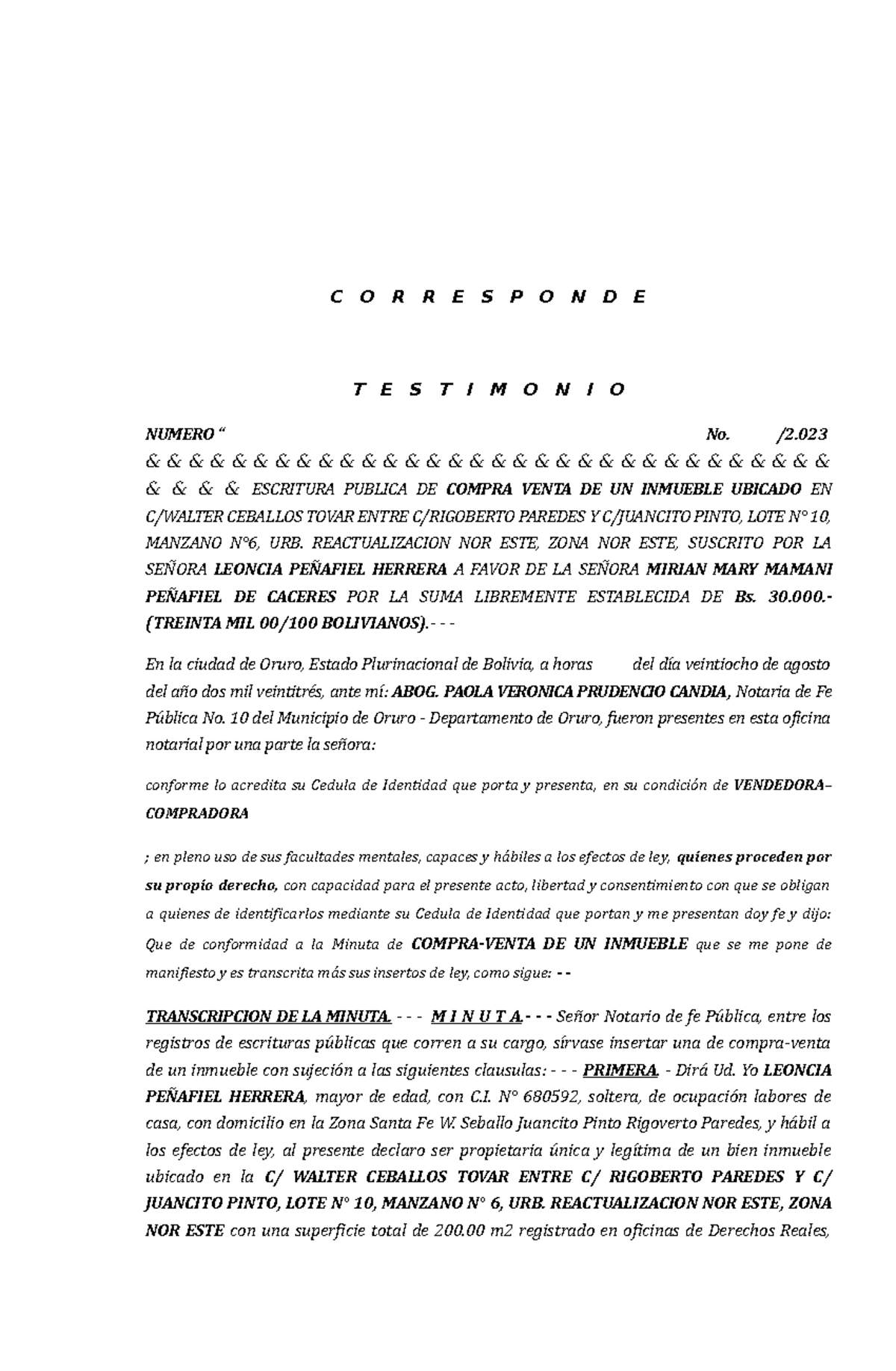 Testimonio DE Compra Y Venta - C O R R E S P O N D E T E S T I M O N I ...
