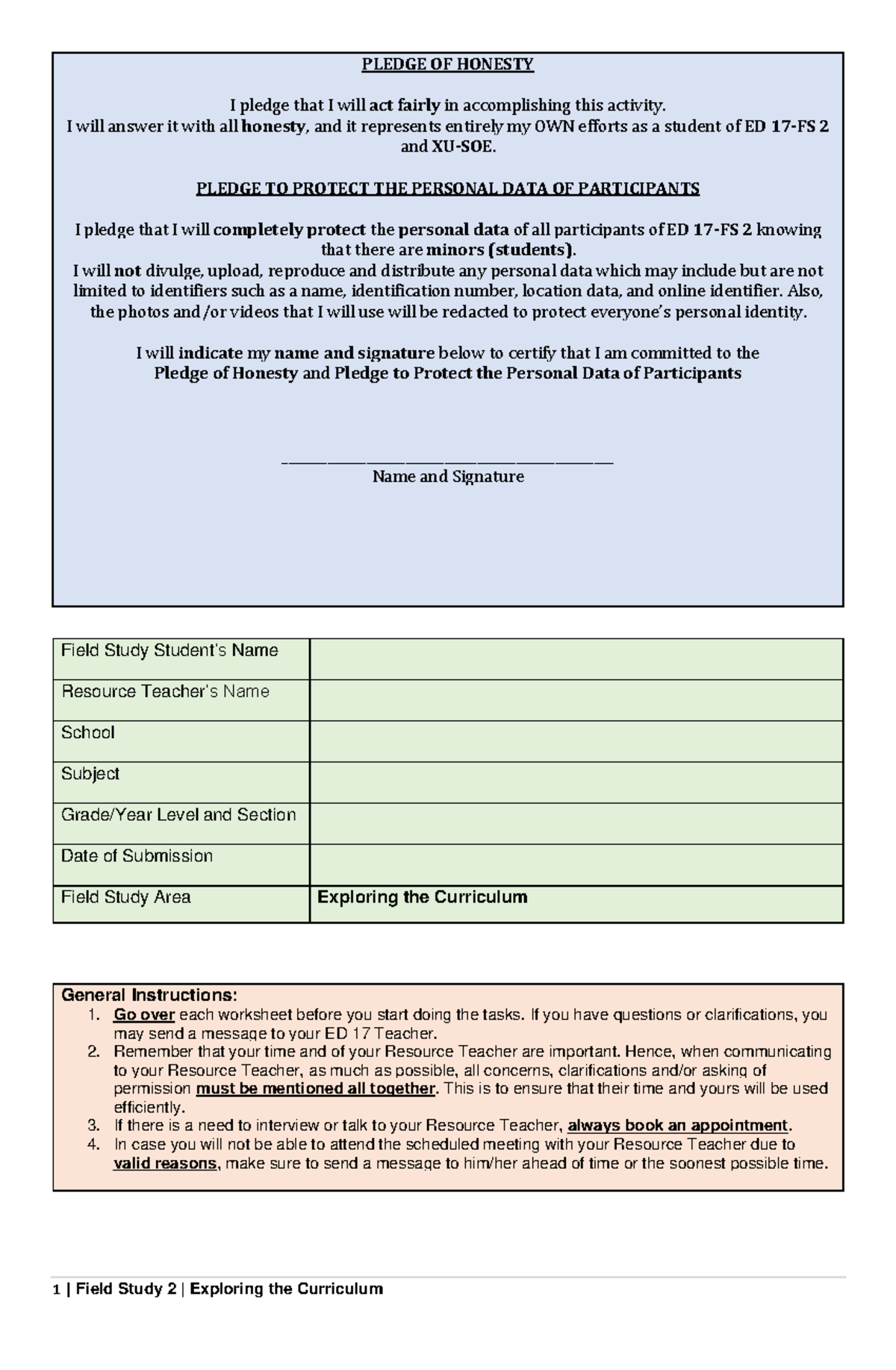 FS2 M1 LE1-5 - Fieldy Study 2 - PLEDGE OF HONESTY I pledge that I will ...