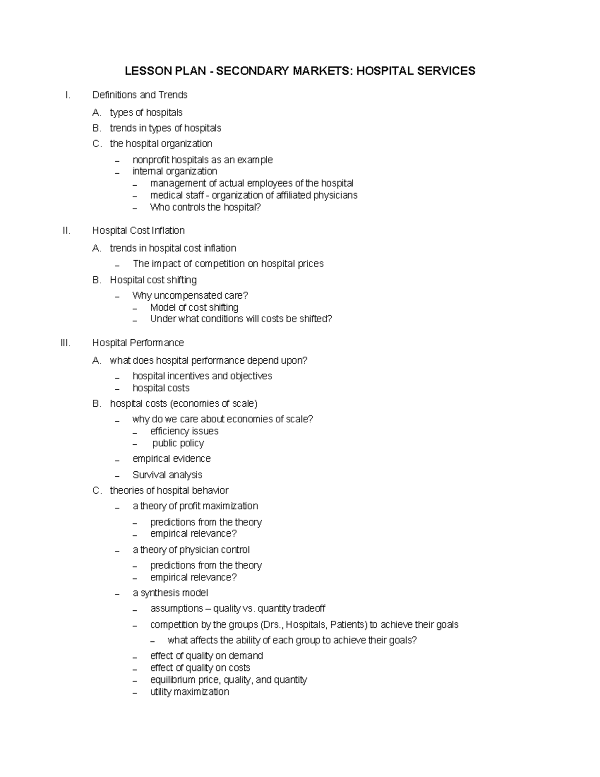 HospitalsLESSON PLAN - SECONDARY MARKETS: HOSPITAL SERVICES (overview ...